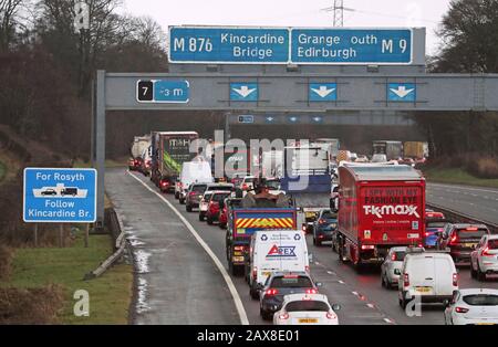 Queuing traffic at the M876 M9 junction in Scotland as traffic heads to ...