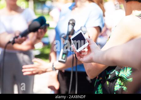 Media or TV interview. Public relations - PR concept Stock Photo - Alamy