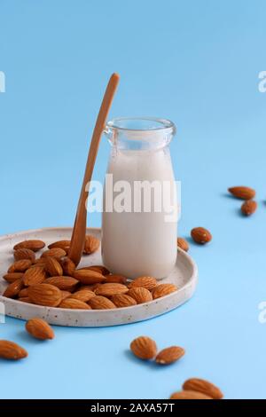 Almond dairy-free milk with blue matcha, berries, coffee, cinnamon ...