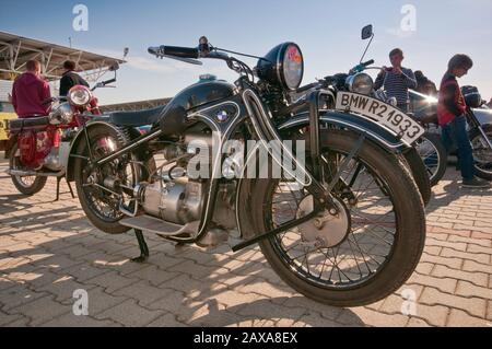 1933 BMW R2 motorcycle at Oldtimer Bazar fair in Wrocław, Lower Silesia ...