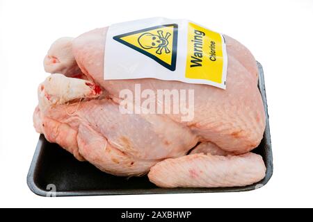 Concept for chlorinated chicken with raw whole chicken with yellow ...