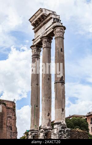 Rome, Italy. The Roman Forum. The three columns of the Temple of Castor and Pollux. The Forum is ...