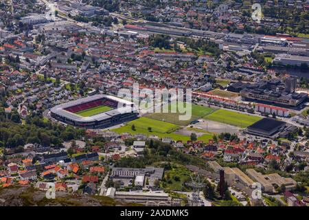 BERGEN, NORWAY - Aerial view of Brann Stadion, a football stadium, and ...