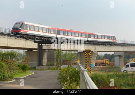 Maglev train leaves the maglev station at Changsha airport, Changsha ...