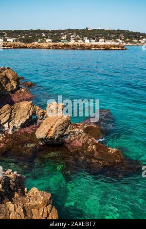 Antibes hike in the Cap d'Antibes bay with coastal cliffs, French ...