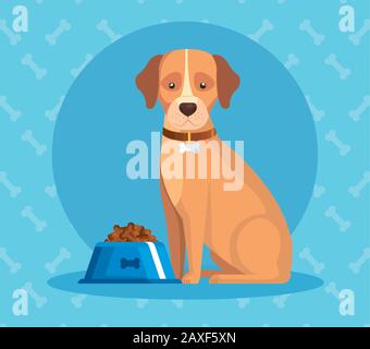 little dog adorable with dish food vector illustration design Stock ...
