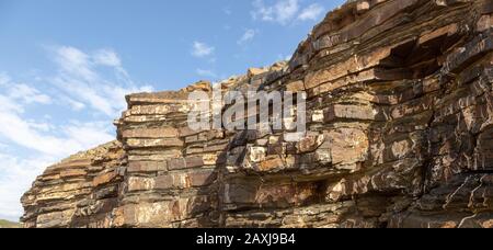 Tilted layers showing bedding planes strata of sedimentary rock coastal ...