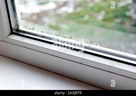 Drops of condensate and black mold on a white plastic window. Close-up ...