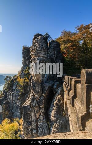 View to rocks and trees in the Saxon Sandstone Mountains, Germany Stock ...