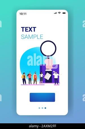 Waiting line employees, queue to job interview. Cyborg robot and human ...