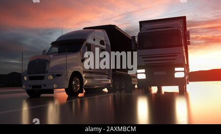 Two trucks on the road. Transports, logistics concept. 3d rendering ...