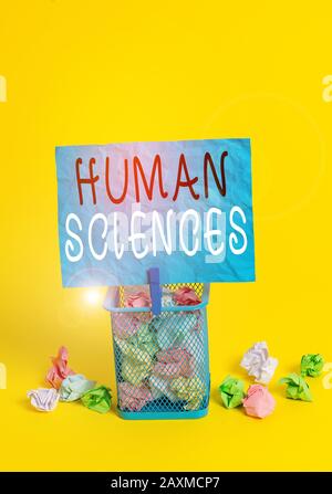 Human brain in a trash bin and toy home cleaning tools arranged on blue ...