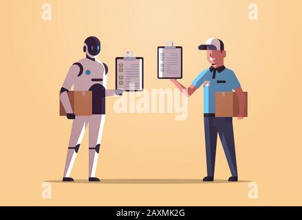 Robotic courier holding cardboard parcel box future technology. Robot ...