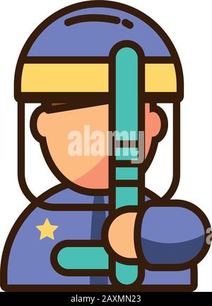 cartoon police holding a bat icon over white background, line style ...