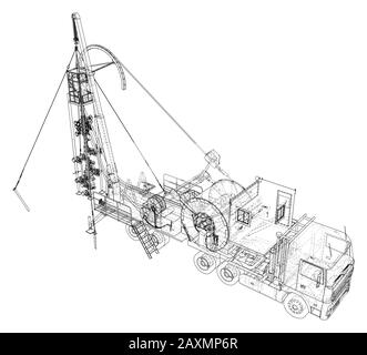 Coil Tubing. Wire-frame line isolated on white. Vector rendering of 3d ...