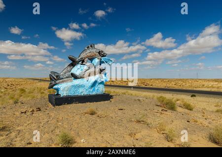 Aral, Kazakhstan - August 30, 2019: Entrance arch to the Aral city in ...