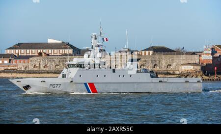The Flamant class French offshore patrol vessel FS PLUVIER leaves Portsmouth Naval Base after a ...