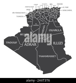 ALGERIA map design. Country names in different languages and map shape ...