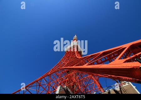 Colorful Tokyo Tower built with steel structure viewed from below ...