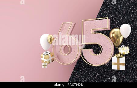 Happy 65th birthday party composition with balloons and presents. 3D ...