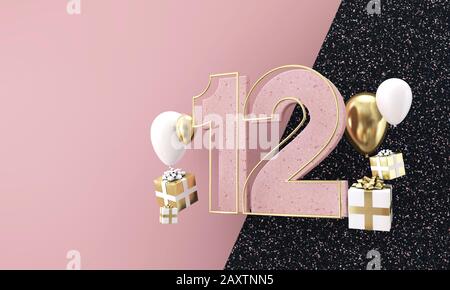 Happy 12th birthday party composition with balloons and presents. 3D ...
