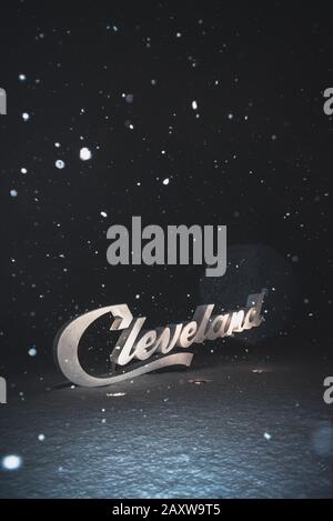Cleveland Scripts Sign in Heavy Snow Stock Photo - Alamy