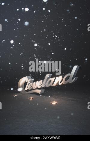 Cleveland Scripts Sign in Heavy Snow Stock Photo - Alamy