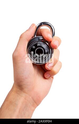 Male hand holding a lock padlock icon.Cyber security network. Internet ...