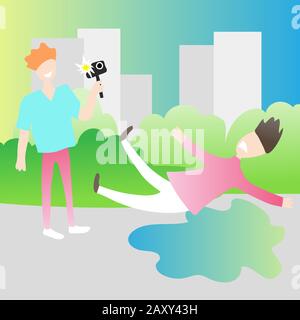 Man makes video as a man falls into puddle. Prank media. Vector ...