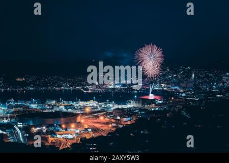 Wellington cityscape and fireworks; Wellington water front New Year ...