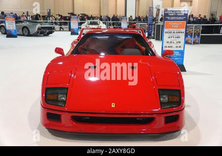 Front view of a red, Ferrari F40, on display at the 2023 London Classic ...