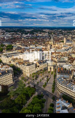 Aerial panorama townscape view of Dijon city under colorful sunset ...