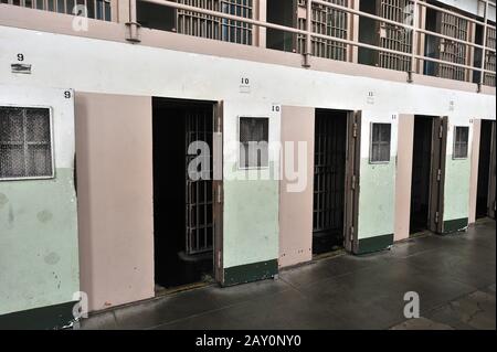 Dark prison cells, The Hole, in cell block D in prison, Alcatraz Island ...