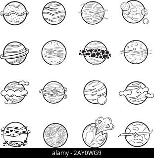 A Collection Icon Set of Imaginary Science Fiction Cartoon Planets and ...