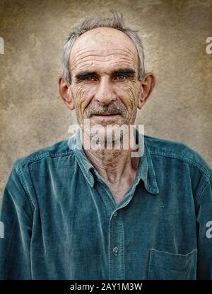 Photo of cute charming man pensioner dressed checkered shirt dark ...