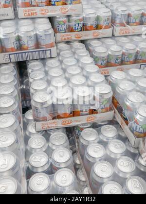 Stack 24-pack cartons of Fanta Zero sugar soft drink on display in UK ...