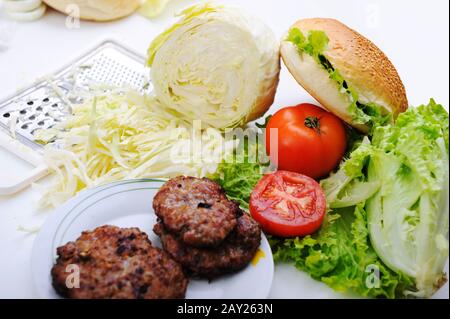 American burger ingredients isolated on white background Stock Photo ...