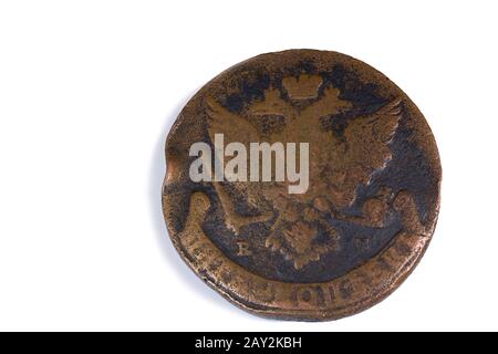 Copper coin of the Russian Empire 2 kopecks 1860. Isolated on white ...