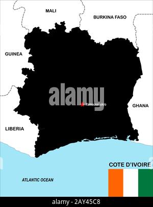 Ivory Coast or Cote d’Ivoire black outline silhouette map over a white ...