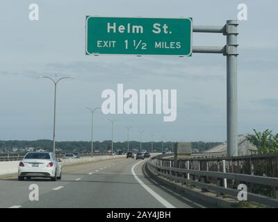 Directional sign to Helm Street approaching the Jamestown Verrazzano ...
