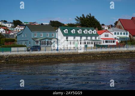 View of Stanley, Falkland Islands capital, from the water, summertime ...