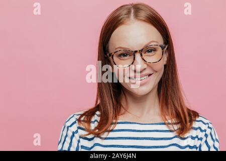 Photo of cheerful adorable lady toothy smile look interested empty ...