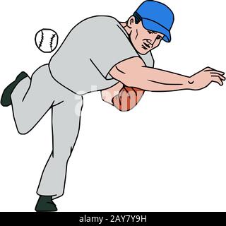Cartoon illustration of a baseball player pitcher pitching ball facing ...