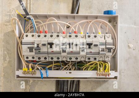 An electrical junction box with circuit breakers and fuses Stock Photo ...