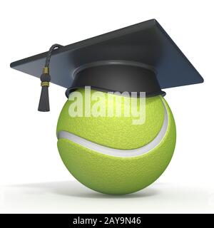 Graduation cap on tennis ball 3D render illustration on white ...