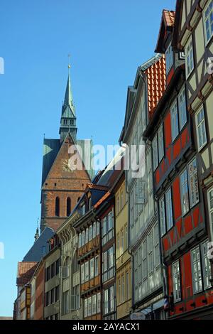 steeple of Marktkirche St. Georgii et Jacob with pentagram and hexagram with tower clock ...