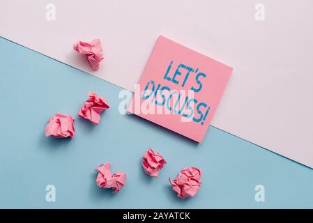 Text sign showing Let S Discuss. Business photo showcasing asking ...