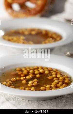 Soup balls. Soup pearls texture. Fried batter pearls ("Backerbsen ...