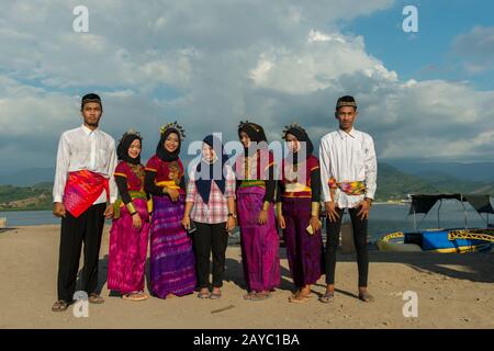 Group photo of young Bajau dancers, at Bungin Island, off the coast of ...