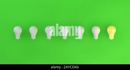 Row of Light Bulbs with One Lit Up Stock Photo - Alamy